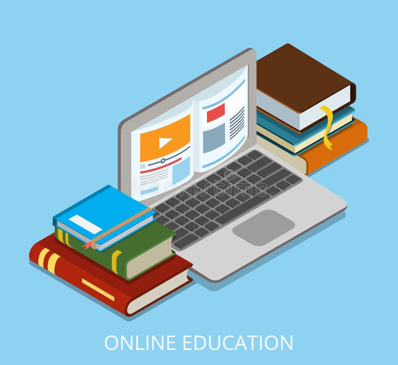 Flat Isometric Laptop with Book on Screen Vector Illustration. 3d ...