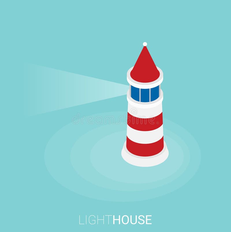 Flat Isometric Lighthouse Icon on Blue Sea, Illustration Vector ...