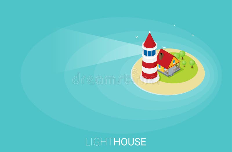 Flat Isometric Lighthouse Icon on Blue Sea, Illustration Vector ...