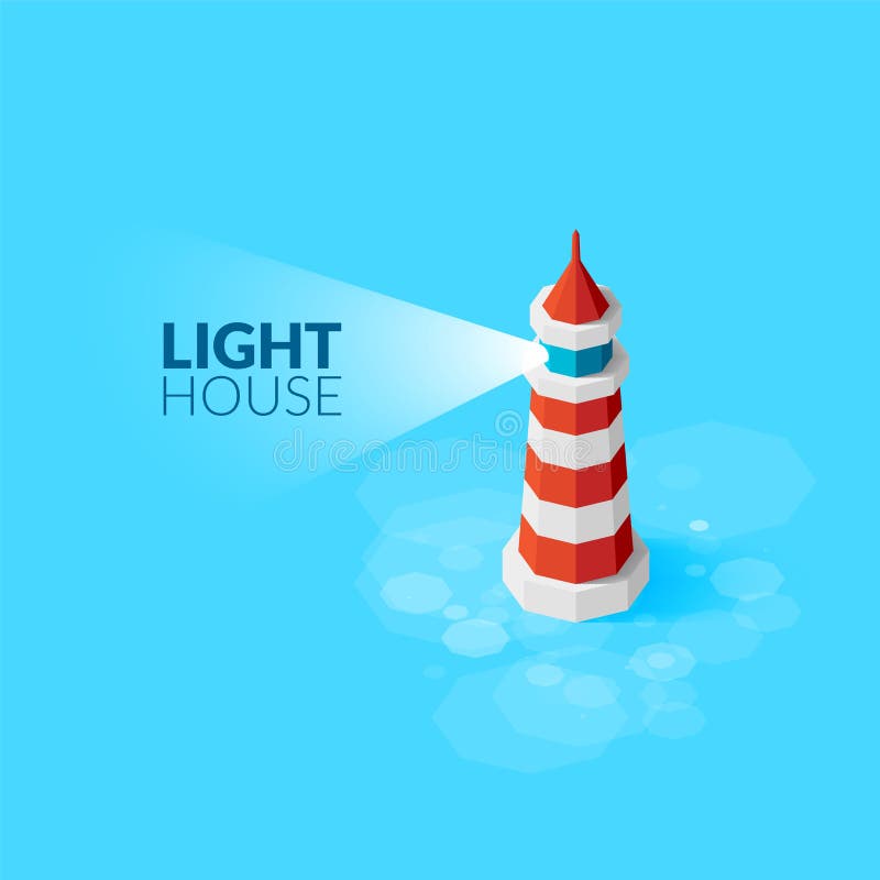 Flat Isometric Red Lighthouse Icon on Blue Sea Stock Vector ...