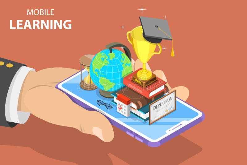 Flat Isometric Vector Concept of Mobile Education, E-learning, Webinar ...