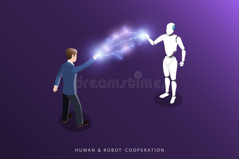 Human and Robot Cooperation Flat Isometric Vector. Stock Vector ...