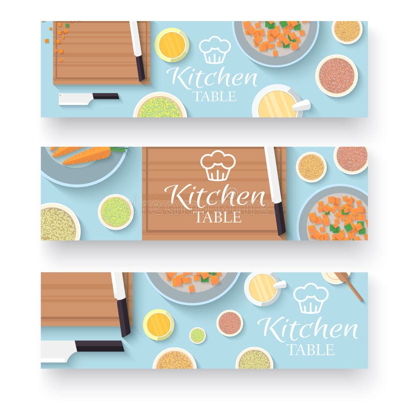 Flat Kitchen Table for Cooking in House Banners Stock Vector ...
