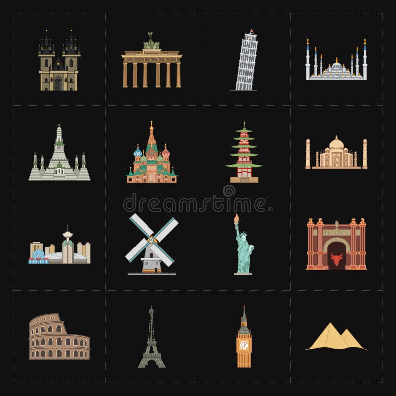 3 flat landmark icons stock vector. Illustration of famous - 93506893