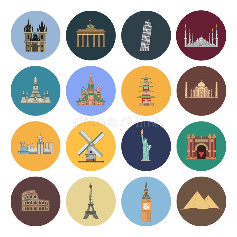 15 flat landmark icons stock vector. Illustration of flat - 93687050