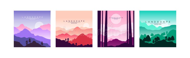 Flat Landscape Design Square View and Scene Vector Set Stock ...