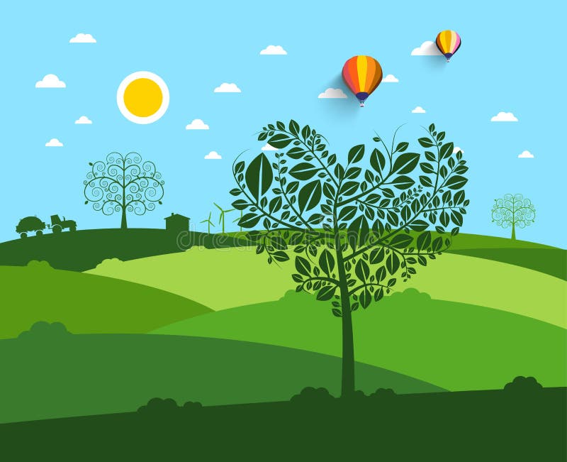 Flat Landscape with Heart Shaped Tree on Foreground Stock Vector ...