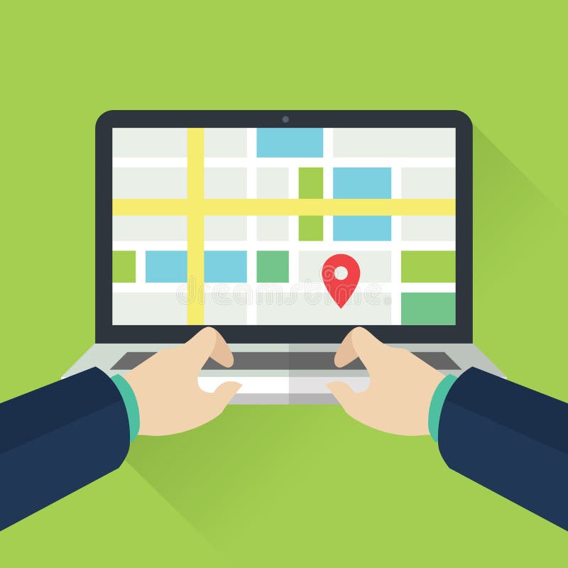 Flat Laptop Mapping Spot with People Hand Working Stock Vector ...