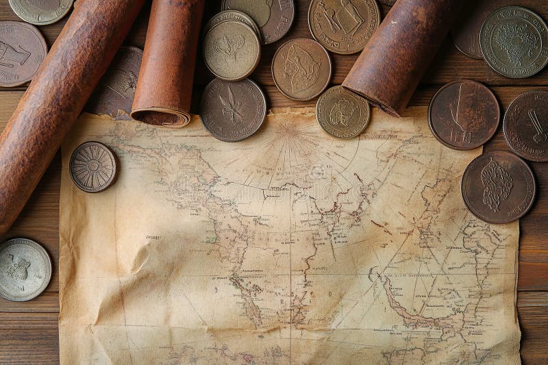 A Flat Lay of Ancient Coins and Maps on a Light Wooden Surface Stock ...