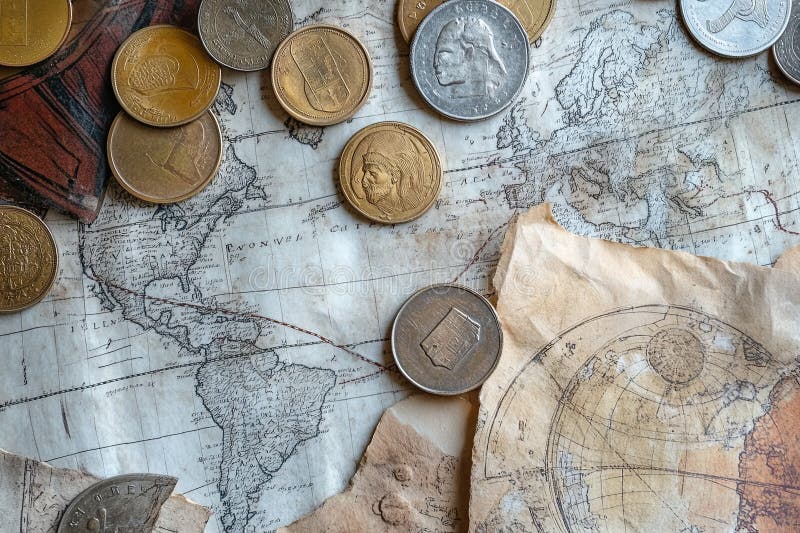 A Flat Lay of Ancient Coins and Maps on a Light Wooden Surface Stock ...