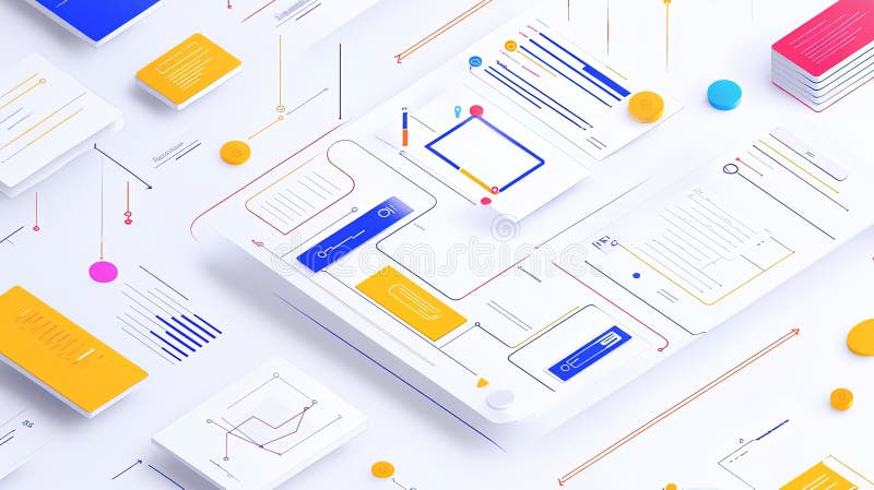 A Flat Lay of App Development Workflows, Including Wireframes and Color ...