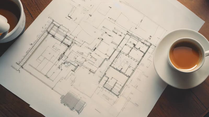 A Flat Lay of Architectural Plans, Swatches, and a Coffee Cup on a ...