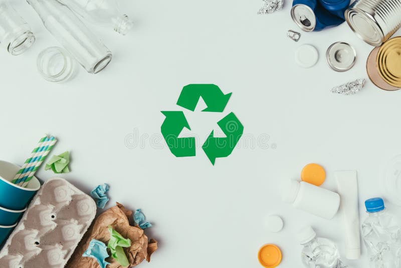 Flat Lay with Arranged Different Types of Garbage and Recycle Sign ...