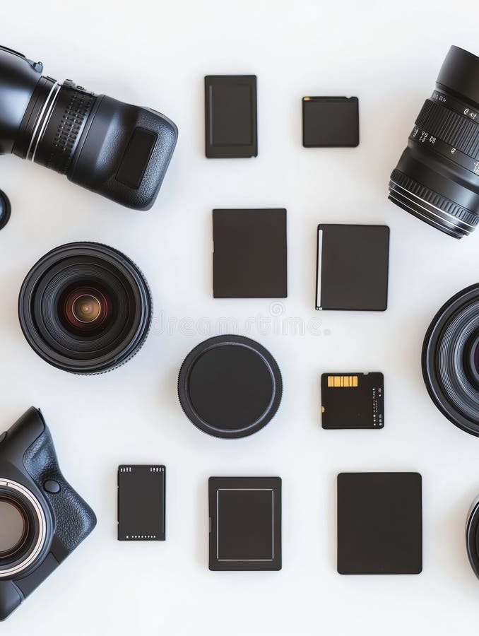 Flat Lay Arrangement of Camera Lenses and Memory Cards on a Clean White ...