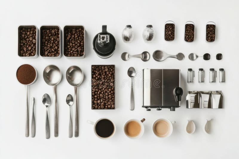 Flat Lay Arrangement of Coffee Essentials Including Beans, Cups, Spoons ...