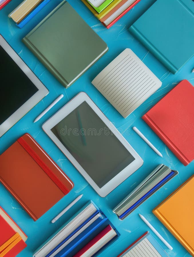 A Flat Lay Arrangement Featuring Tablets, E-readers, and Physical Books ...
