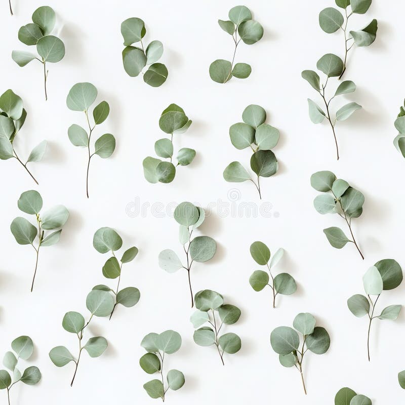 Seamless Pattern Green Eucalyptus Leaves Arranged on a White Background ...