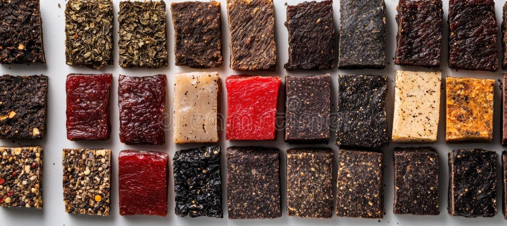 A Flat Lay of Assorted Beef Jerky Bites in Various Textures and Flavors ...
