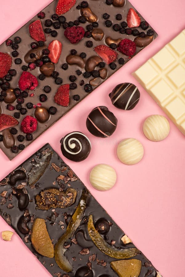 Flat Lay with Assorted Chocolate Bars with Fruits and Nuts and Candies ...