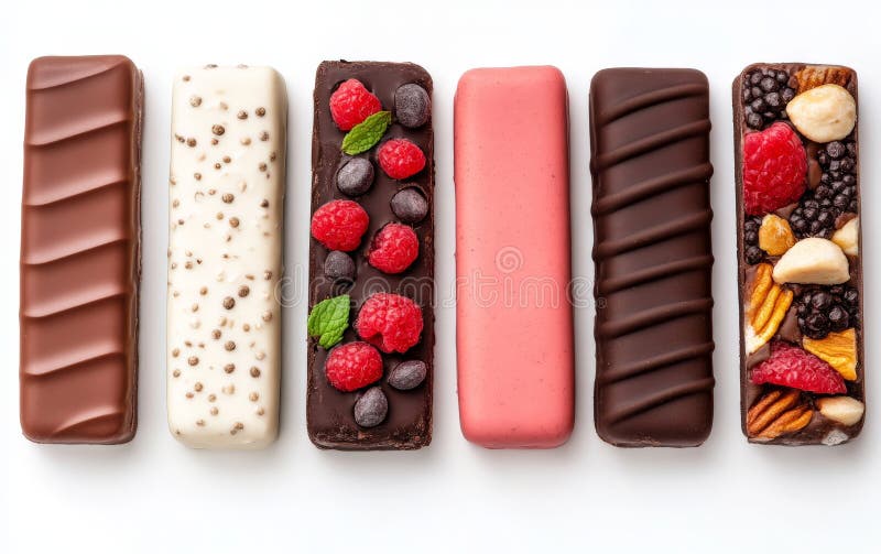 Flat Lay of Assorted Chocolate Bars with Various Toppings, Including Nuts and Seeds, Arranged on ...