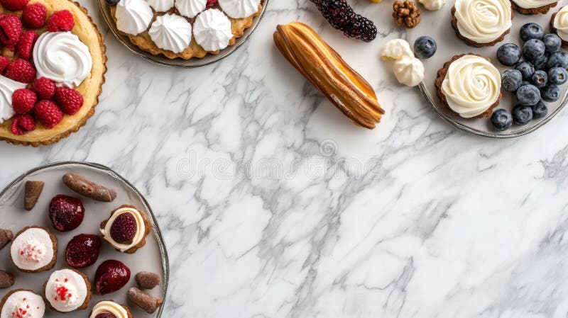 Flat Lay of Assorted Gourmet Desserts and Pastries on Marble Background ...
