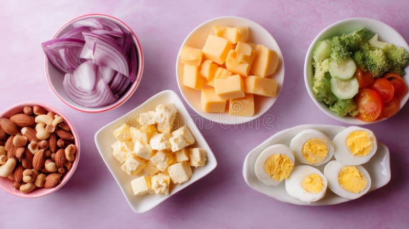Flat Lay of Assorted Keto Snacks: Cheese, Nuts, Boiled Eggs, and Fresh ...