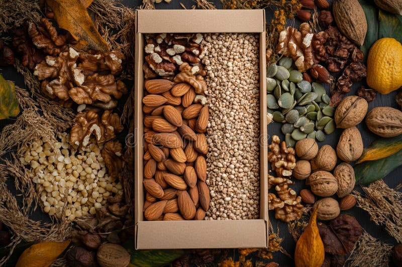 Flat Lay of Assorted Nuts and Grains in a Small Delivery Package for ...