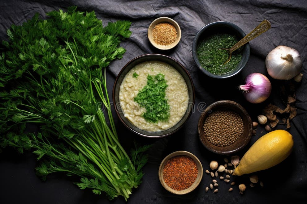 Flat Lay of Baba Ganoush and Ingredients Stock Illustration ...