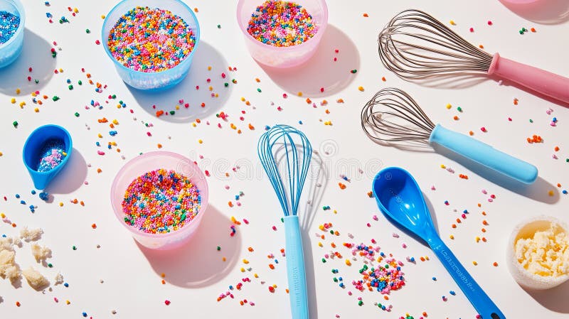 A Flat Lay of Baking Tools Like Measuring Cups, Whisks, and Sprinkles ...