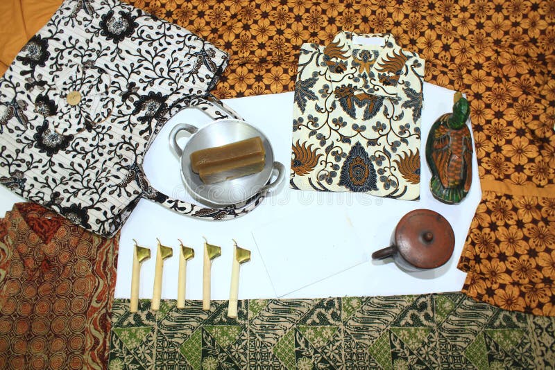 Flat Lay Batik Clotes with Canting, Small Pan and Wax Earthenware Glass ...