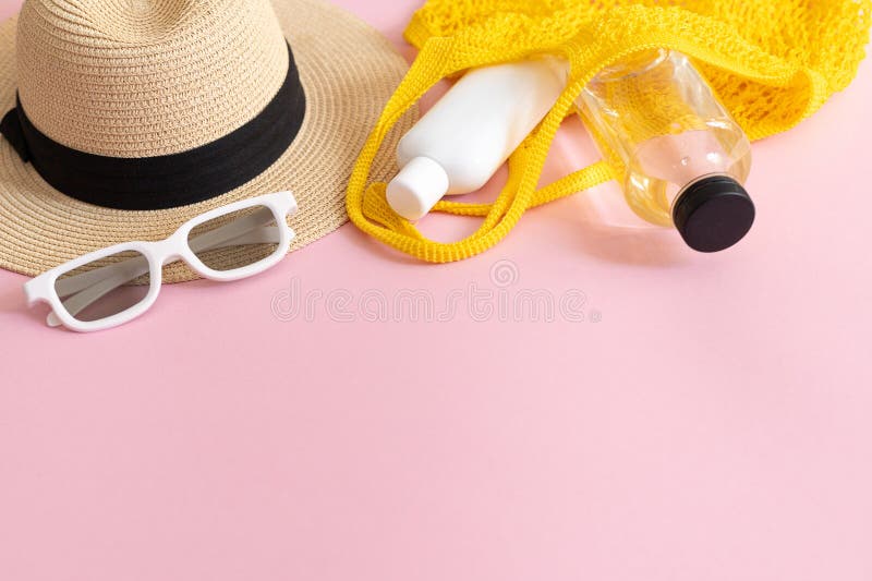 Flat Lay Beach Hat, Sunglasses Stock Image - Image of space, goggles ...