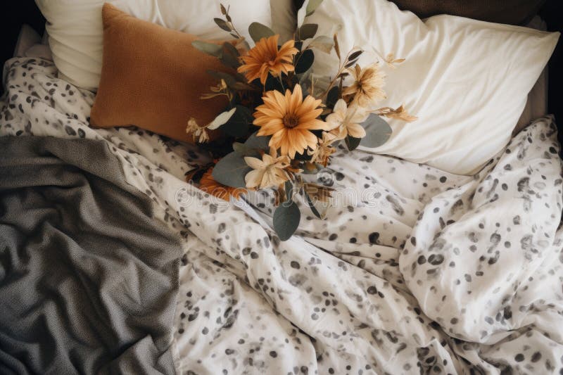 Flat Lay of a Bed with Patterned Sheets and Duvet Stock Illustration ...
