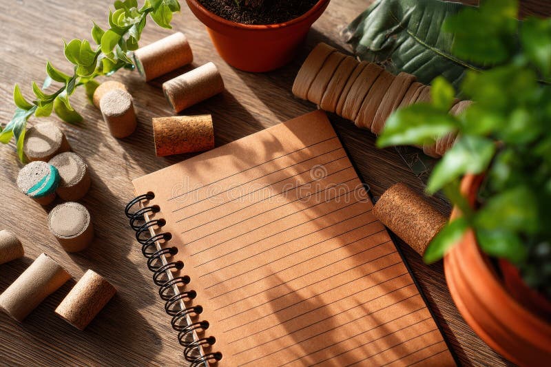Flat Lay of Biodegradable Packaging and Notebook with Plants on Wooden ...