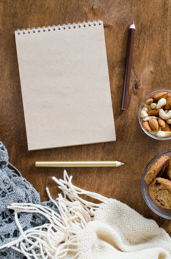 Flat Lay of Blank Brown Notebook with Knitted Blanket and Snacks on ...