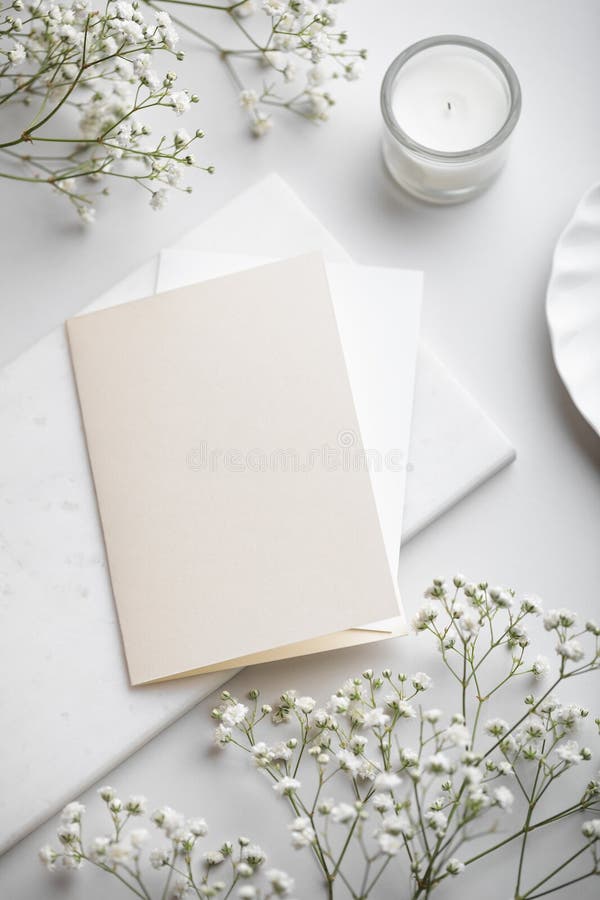 Flat Lay with Blank Greeting Card Stock Photo - Image of blossom ...