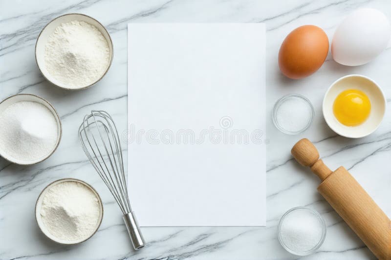 Flat Lay of Blank Recipe Card on Marble Surface with Baking Ingredients ...