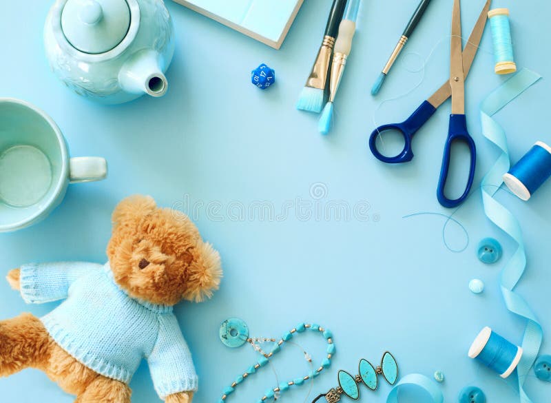 Flat Lay Blue Color Objects and Accessories Frame on Light Blue ...