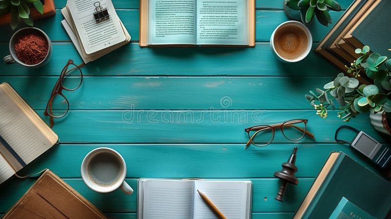 A Student S Desk Ready for Studying with Open Books and Coffee Stock ...