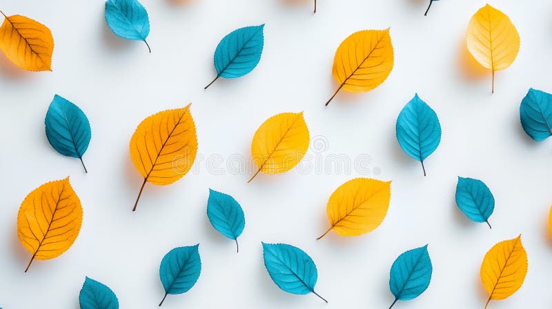 A Flat Lay of Blue and Yellow Leaves on a White Background Stock ...