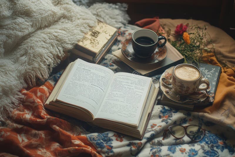 Flat Lay of Books, Coffee, Glasses, Cozy Creative Desk Stock Photo ...