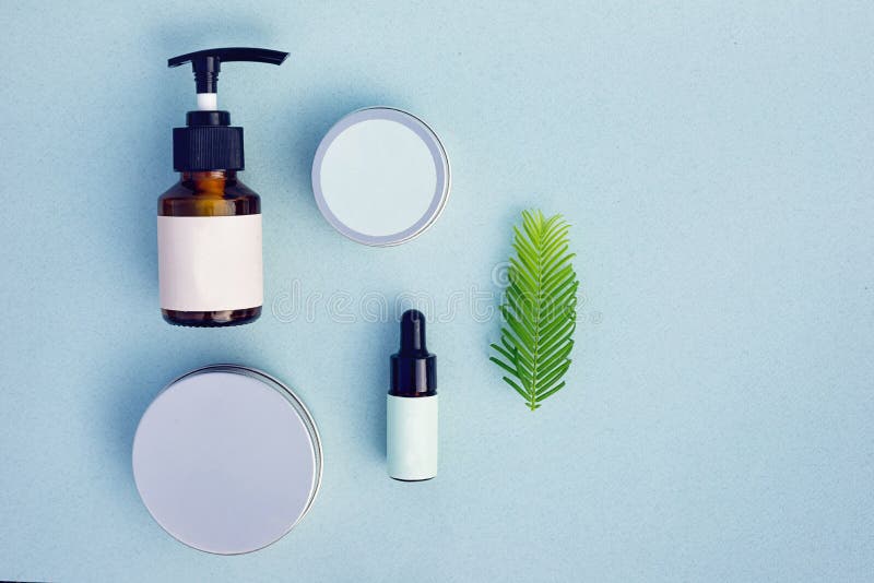 Flat Lay of Bottles and Tins with Blank Name Labels Arranged on Left ...