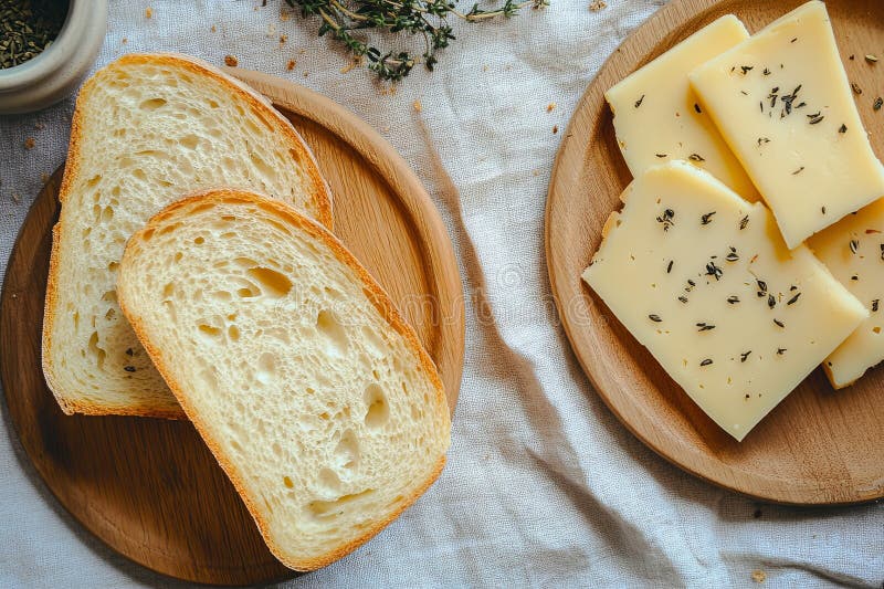 A Flat Lay of Bread Slices and Cheese on a Pastel Tablecloth. Picture ...