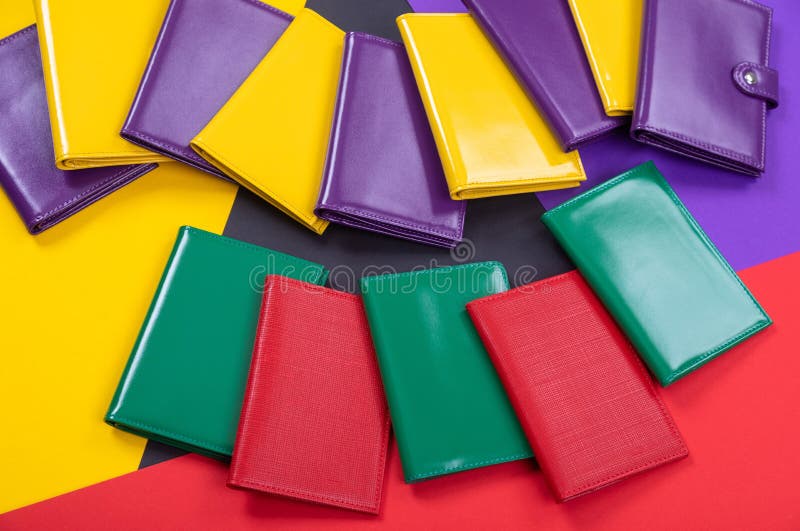 Flat Lay of Bright Wallets on a Matte Black Background Stock Image ...
