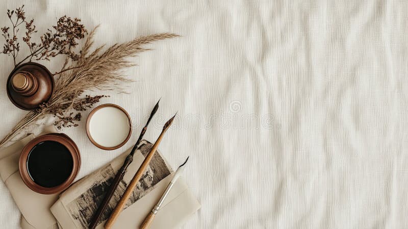 A Flat Lay of Calligraphy Tools and Ink Styled on a Clean Linen Surface ...