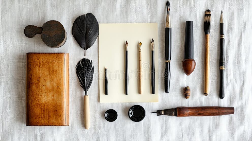 A Flat Lay of Calligraphy Tools and Ink Styled on a Clean Linen Surface ...