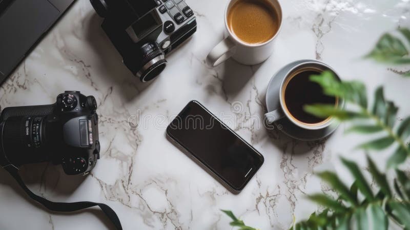 A Flat Lay of Cameras, Coffee, a Smartphone, and Greenery on a Marble ...