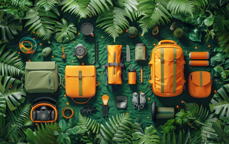 A Flat Lay of Camping Gear, Including a Backpack, Sleeping Bag ...
