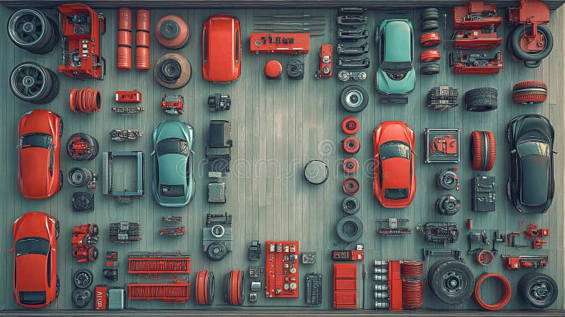 Flat Lay of Car Parts, Tools, and Vehicles Arranged in a Horizontal ...