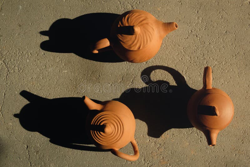 Flat Lay Ceramic Pottery Tea Pots Made from Clay Drying in the Sun ...