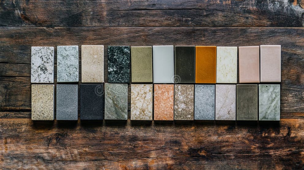 A Flat Lay of Ceramic Tile Samples Arranged in a Gradient on a Rustic ...